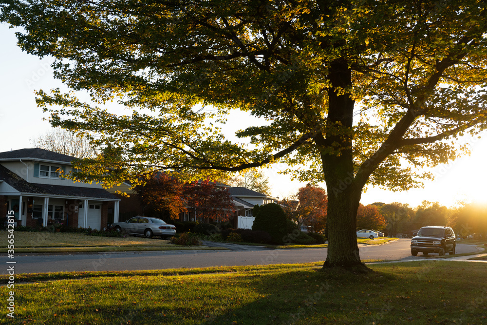 normal split level home neighborhood during sunset with tree light by ...