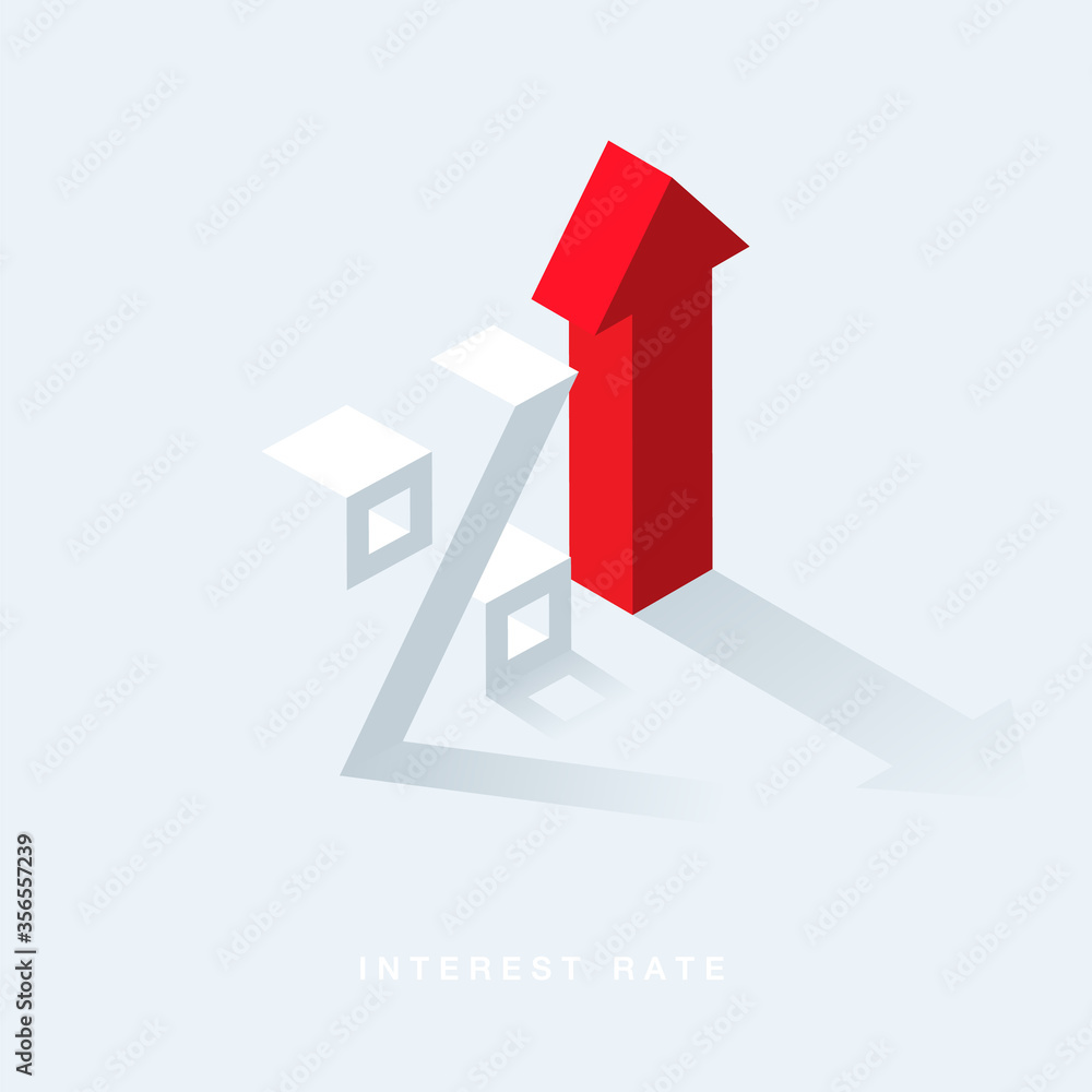 Percentage sign and red arrow symbol isometric. Interest rate financial ...