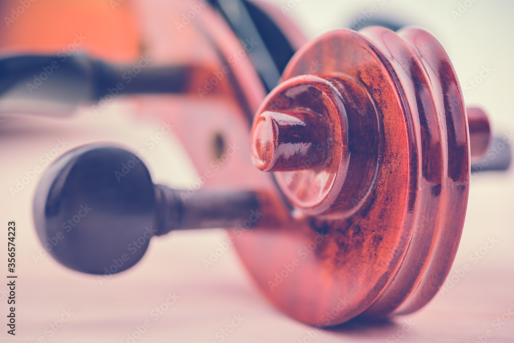 Closeup of beautiful aesthetic carving violin scroll at the end of the ...