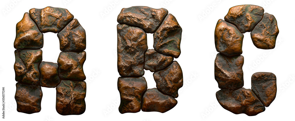 Set of rocky letters A, B, C. Font of stone on white background. 3d ...