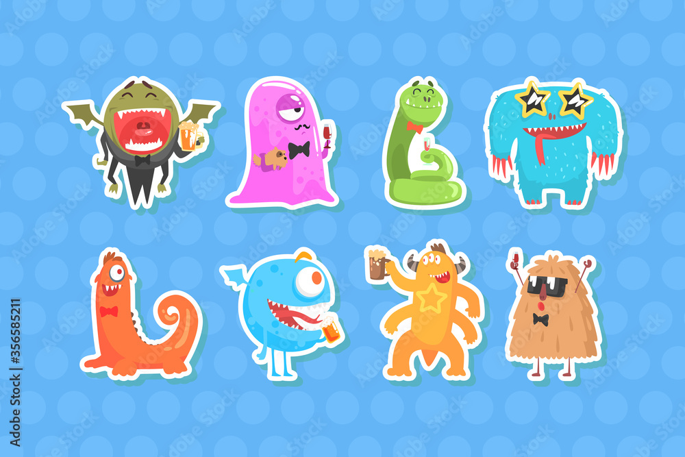Funny Monsters Stickers Collection, Cheerful Comic Fantastic Creatures ...