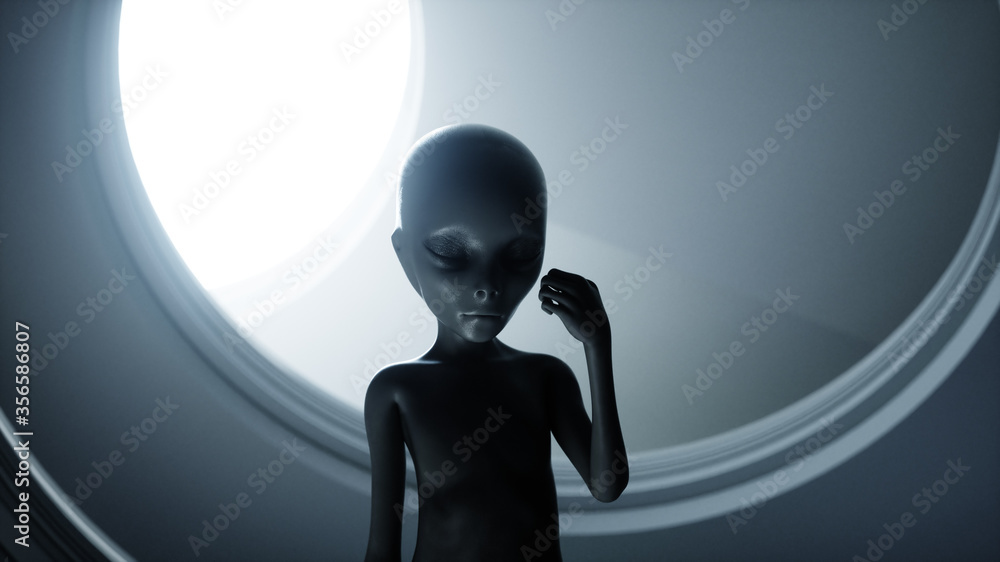 Alien in Futuristic room with round window. Volumetric light. Future ...