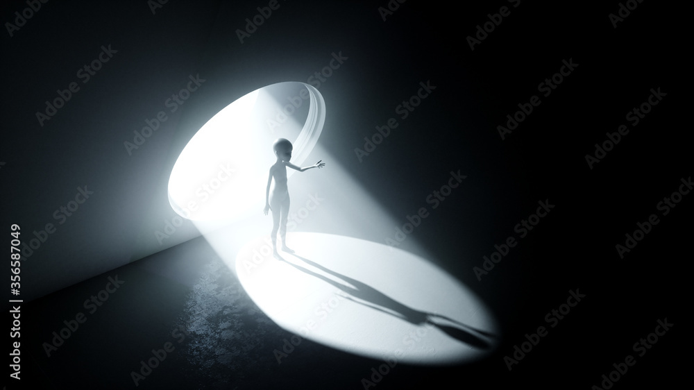 Alien in Futuristic room with round window. Volumetric light. Future ...