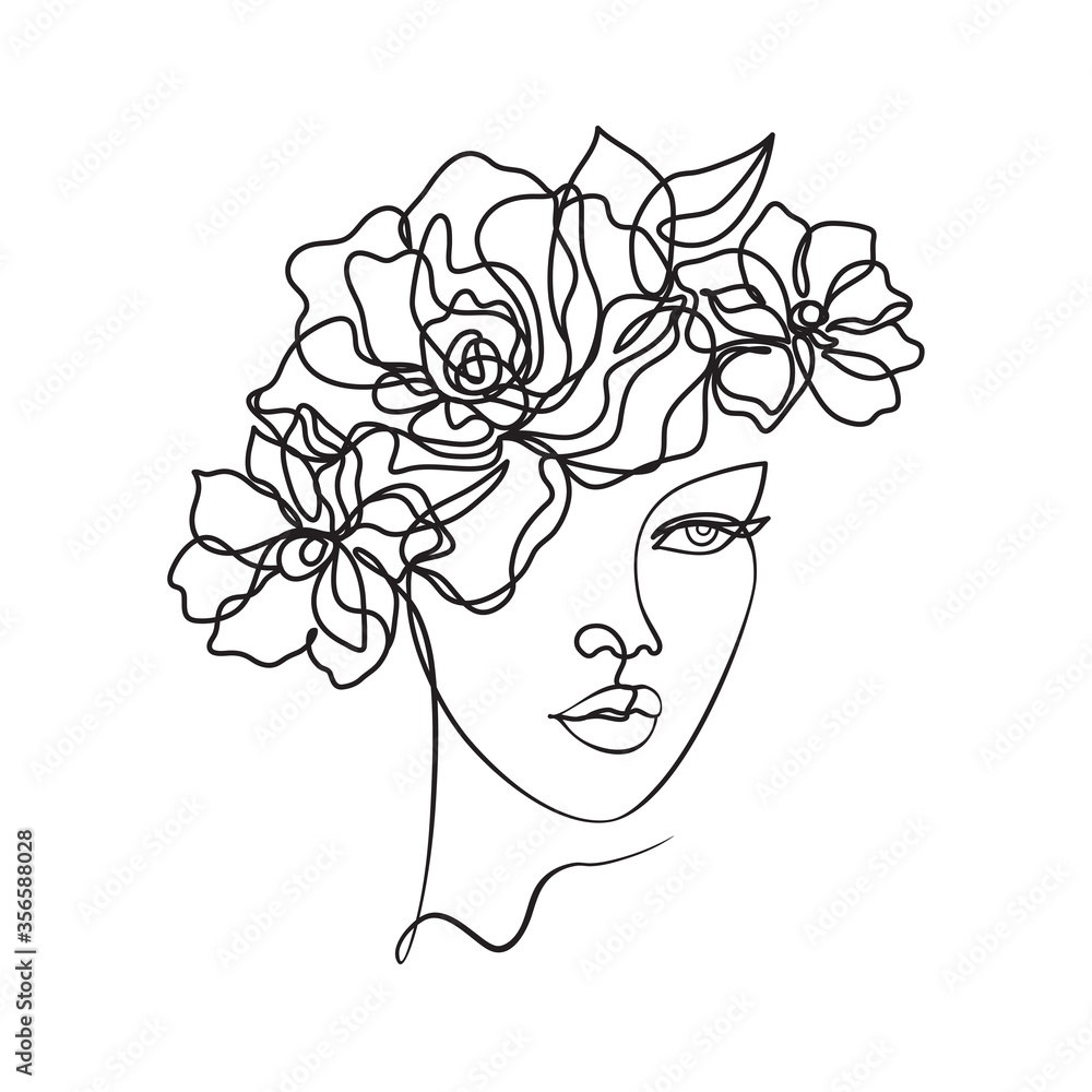 Beauty Face With Flowers Line Drawing Art Abstract Minimal Portrait