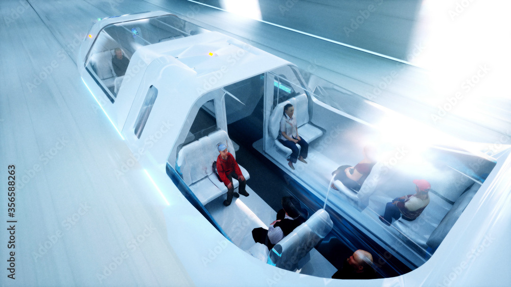 futuristic flying bus with peoples fast driving in sci fi tunnel ...