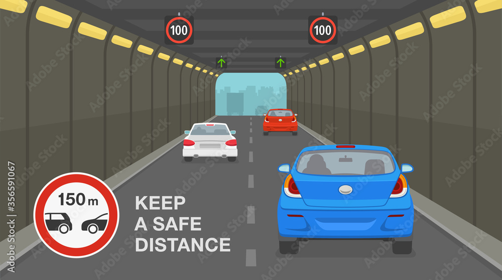 Driving a car. City highway tunnel road. Keep a safe distance road sign ...