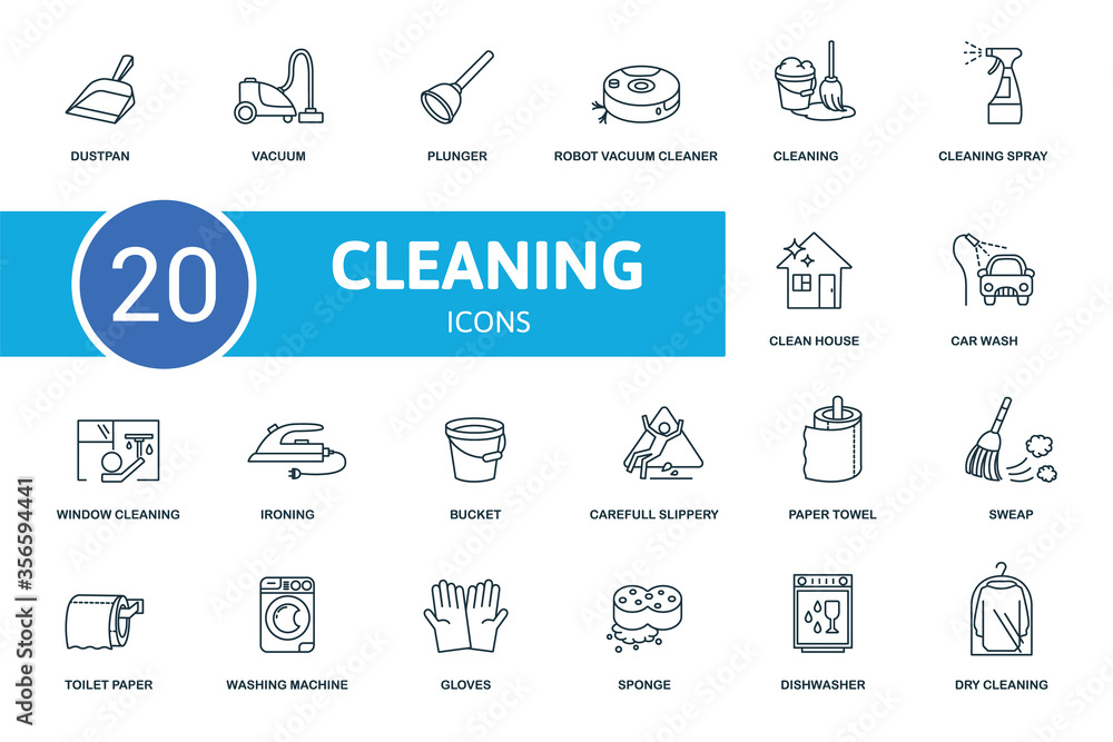 Cleaning icon set. Collection contain cleaning, vacuum, plunger, bucket ...