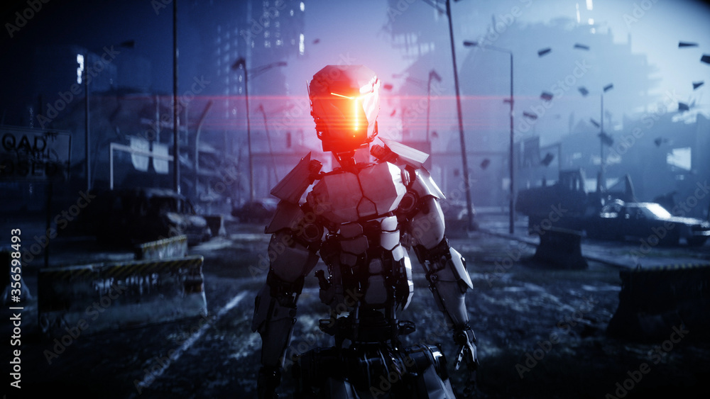 Military robot in destroyed city. Future apocalypse concept. 3d ...