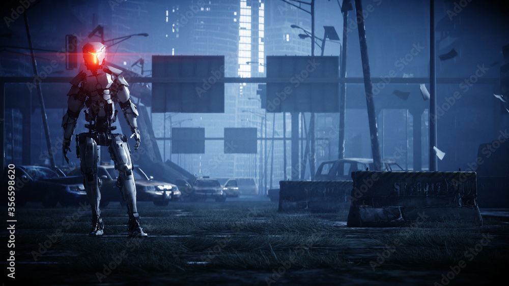 Military robot in destroyed city. Future apocalypse concept. 3d ...