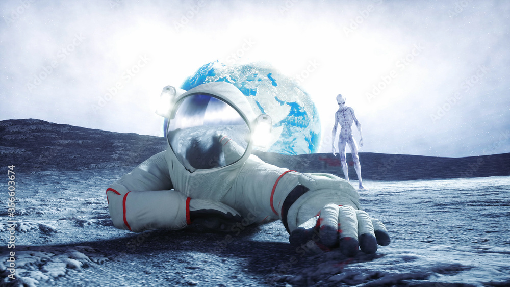 Astronaut on the moon with alien. 3d rendering. Stock Illustration ...
