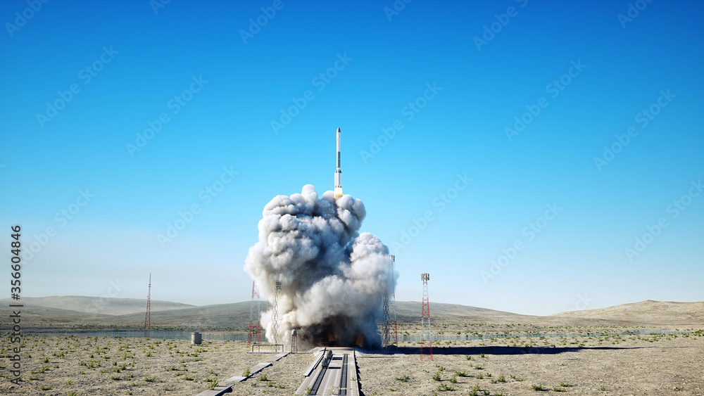 Rocket launch animation. Daylight. Space launch system. 3d rendering ...