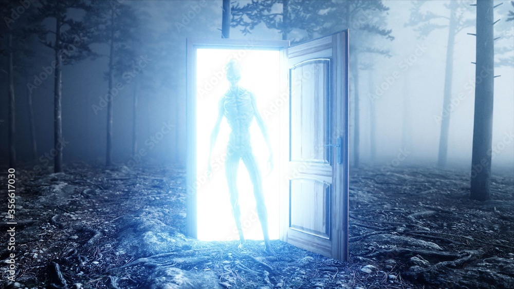 Alien in fog night forest. Light portal door. UFO concept. 3d rendering ...