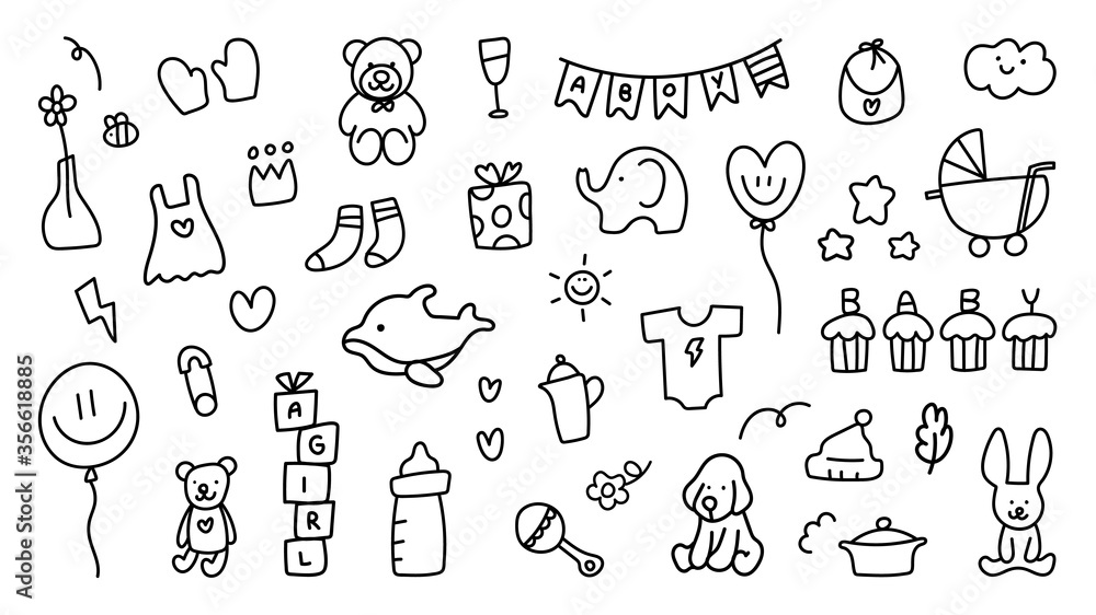 Baby shower cute doodle vector set. Hand drawn design for baby shower ...