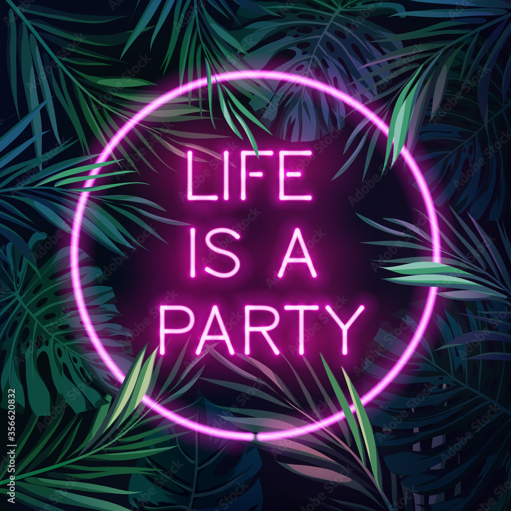 Tropical glowing neon frame. Dark night jungle palm leaves. Summer ...