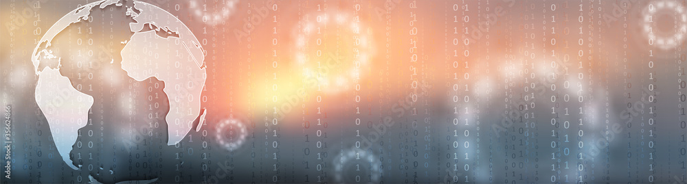 Technology banner design with globe, HUD gears and binary code ...