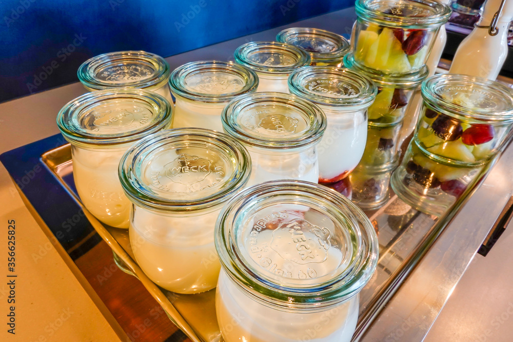 Aarhus, Denmark A breakfast buffet at a hotel with individual portions ...