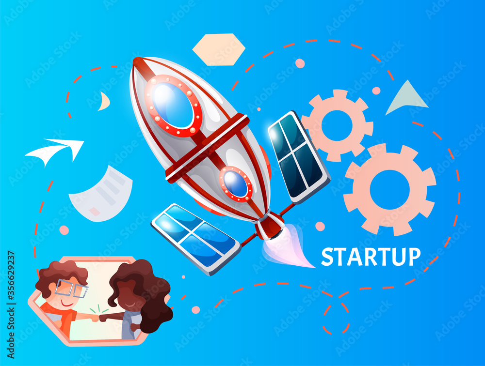 Funny cartoon illustration with space rocket launch. New business ...