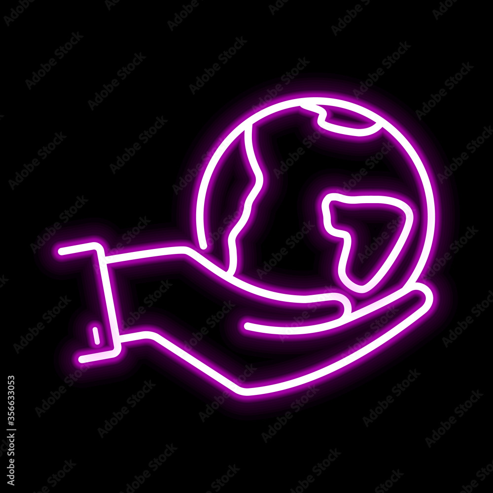 Line- Globe and hand pink glowing neon ui ux icon. Glowing sign logo ...