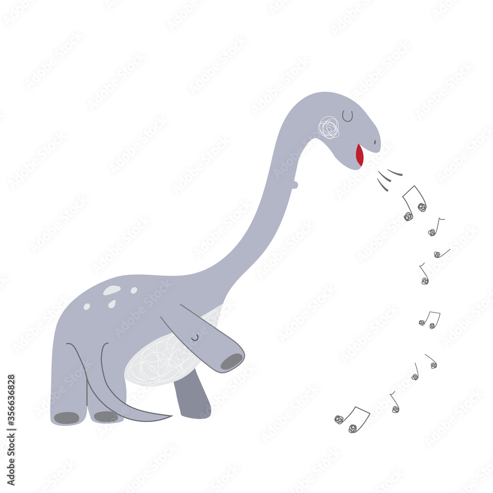 Singing dinosaur diplodocus. Flat style for kids dino party. For card ...