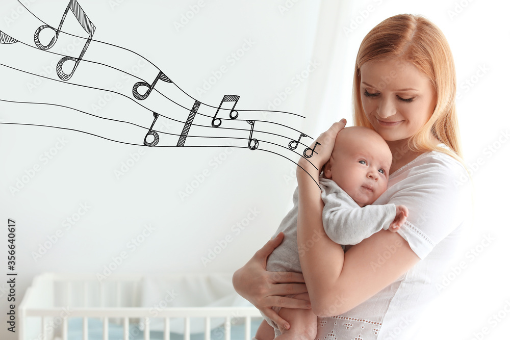 Flying music notes and young mother and her baby at home. Lullaby songs ...