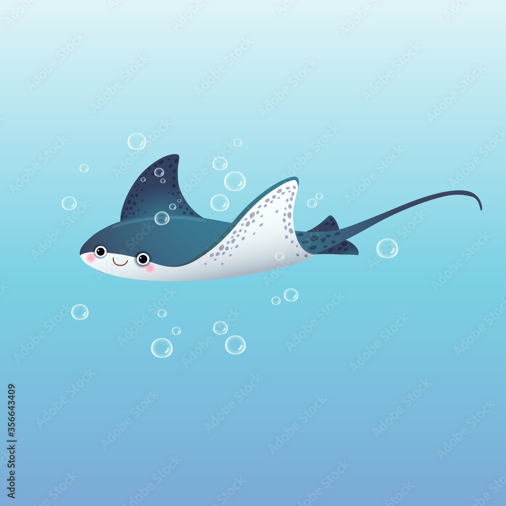 Vector illustration cute cartoon stingray swimming in the deep blue sea ...
