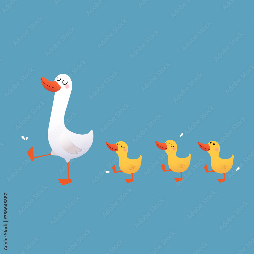 Vector illustration of a cartoon mother duck and her ducklings walking ...
