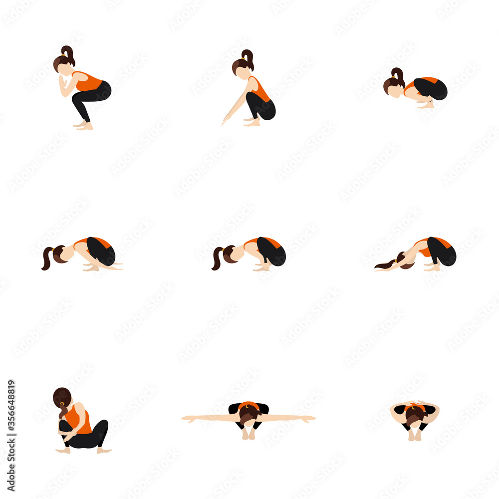 Garland pose modifications yoga asanas set/ Stylized woman practicing malasana variations Stock ...