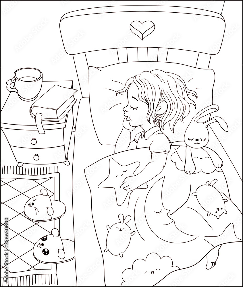 Sleeping cute baby girl. Cartoon book vector illustration. Coloring ...