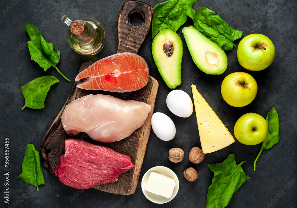 Healthy low carbohydrate foods on stone background. Healthy eating ...
