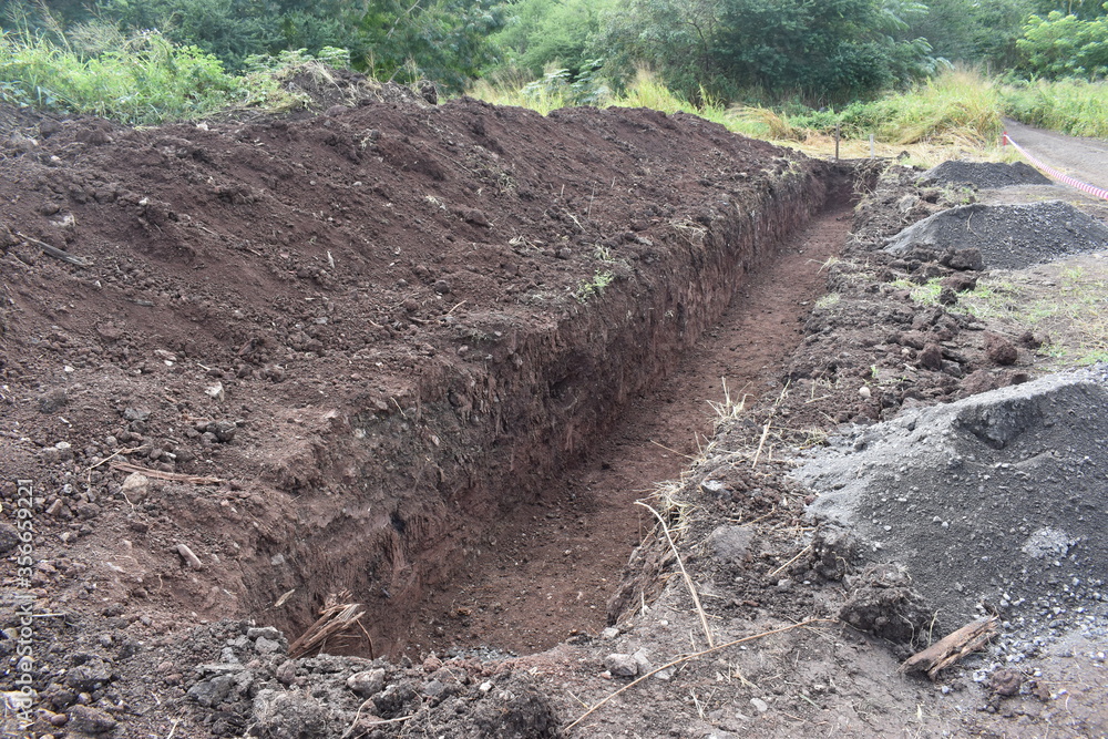 Digging a trench. Earthworks, digging trench. Long earthen trench dug ...