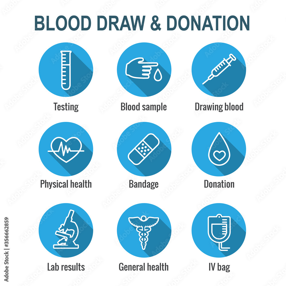 Blood testing and work icon set with syringe, donation, & blood sample ...
