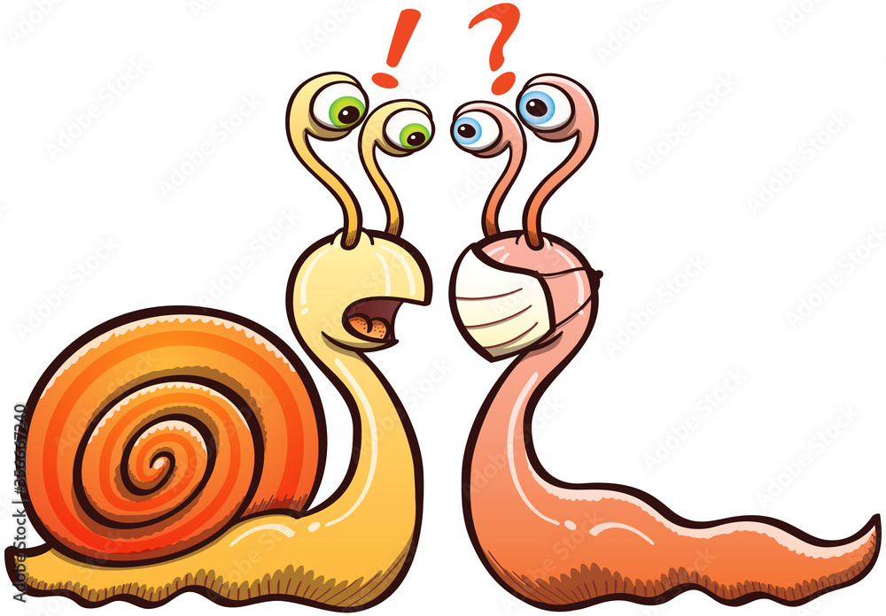A snail and a slug meet. The snail's carrying its home shell and the ...