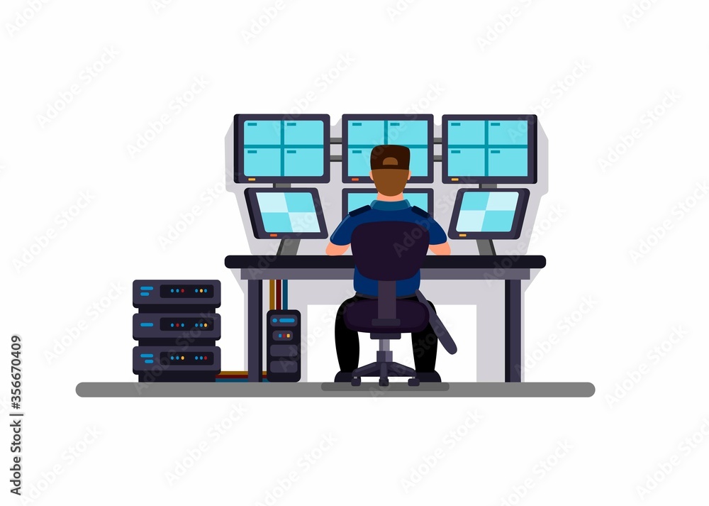 Security in Control CCTV Room, Building Security Guard Sitting and ...