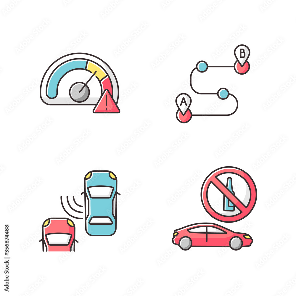 Driving risks RGB color icons set. Traffic dangers and safety ...