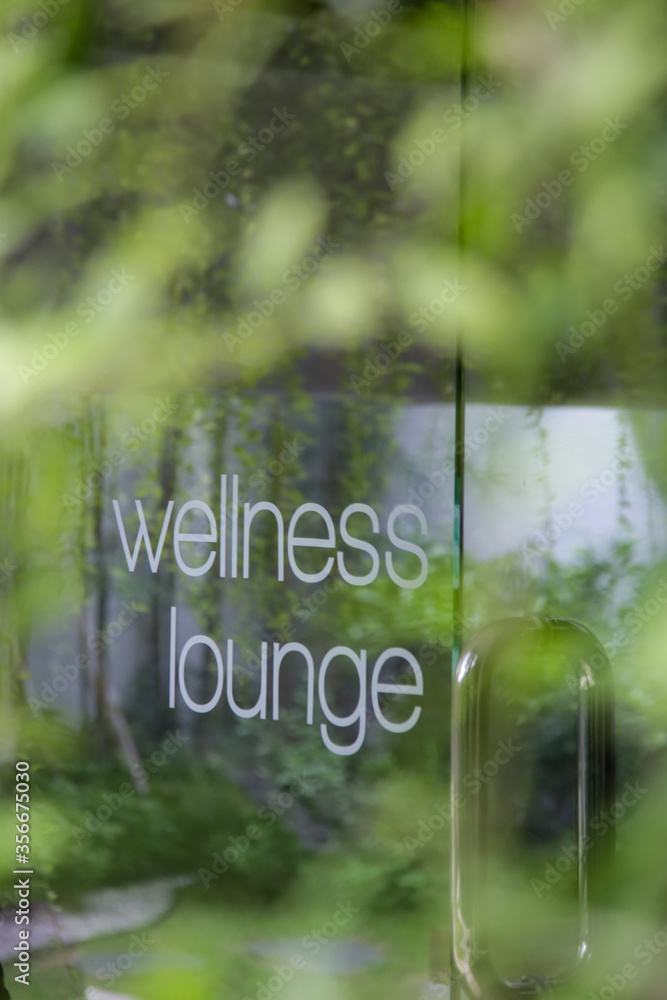 Wellness lounge beauty salon sign on the glass door with greenery ...