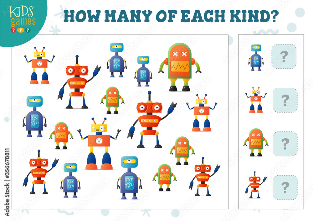How many of each kind cartoon robot counting game for kids vector ...