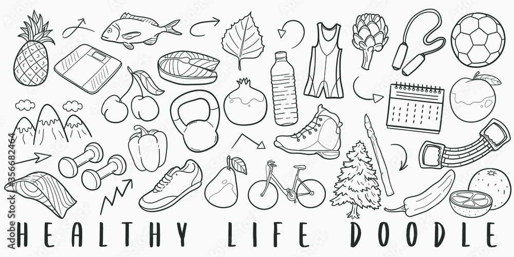 Healthy Life Doodle Line Art Illustration. Hand Drawn Vector Clip Art ...