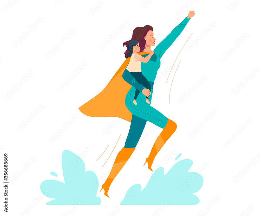 Super mom vector illustration. Cartoon flat beautiful young mother in ...