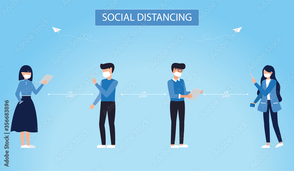Social distancing, Vector illustration of Man and Woman wearing face ...