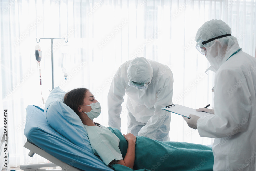 Disease treatment room for infected patient, infected patient woman ...