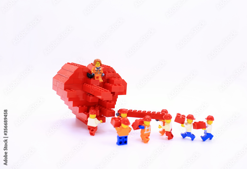 HONG KONG, February 14 2020: lego heart shaped love bricks which are ...