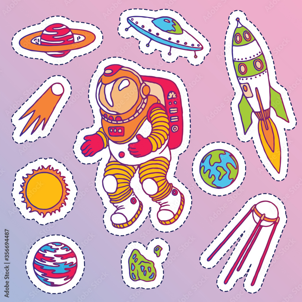 Sticker set of galaxy cosmic elements astronaut, earth, satellite ...