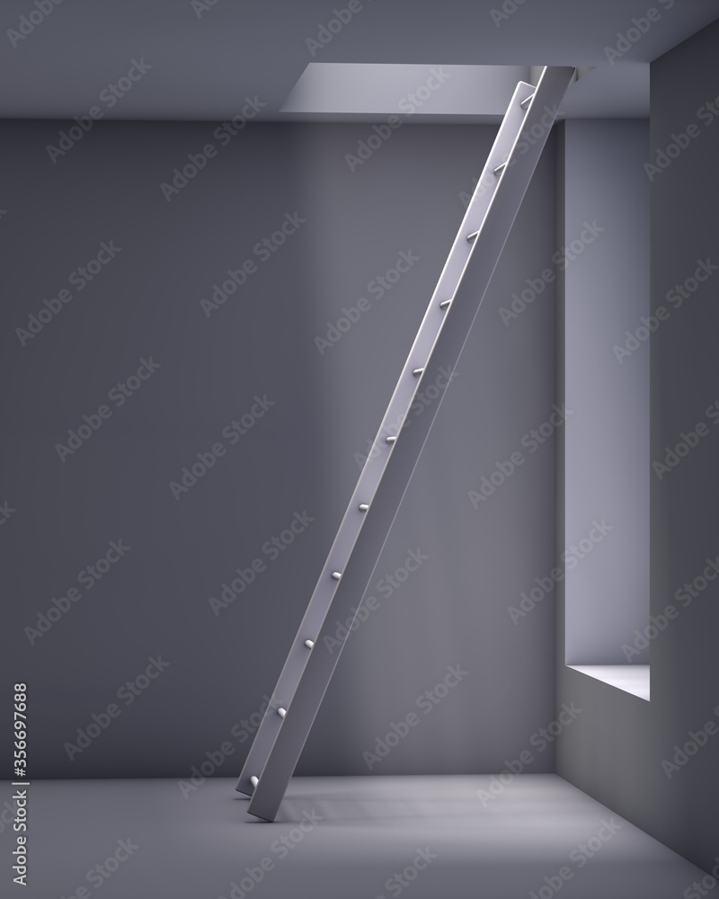 ladder in the grey interior with a hale on the ceiling Stock ...