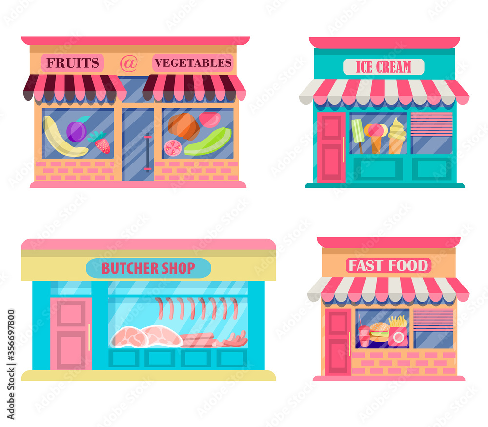 Set of food stores.Butcher shop, fast food, fruit, vegetables, ice ...