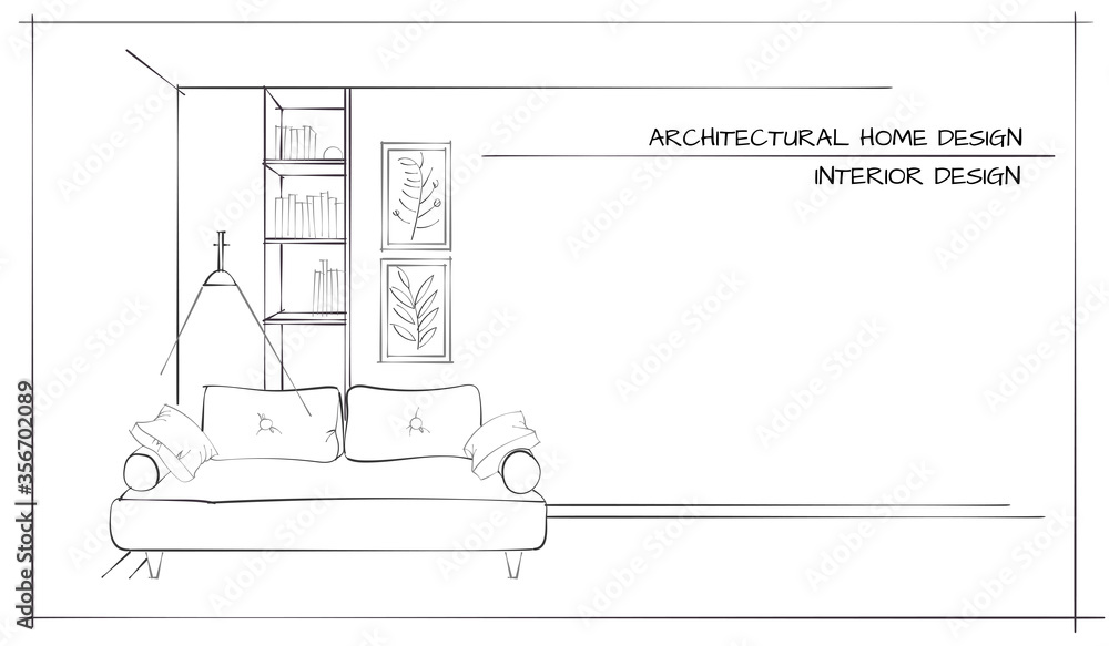 Contemporary Interior Design Hand Drawn Illustration. Black Outline On ...