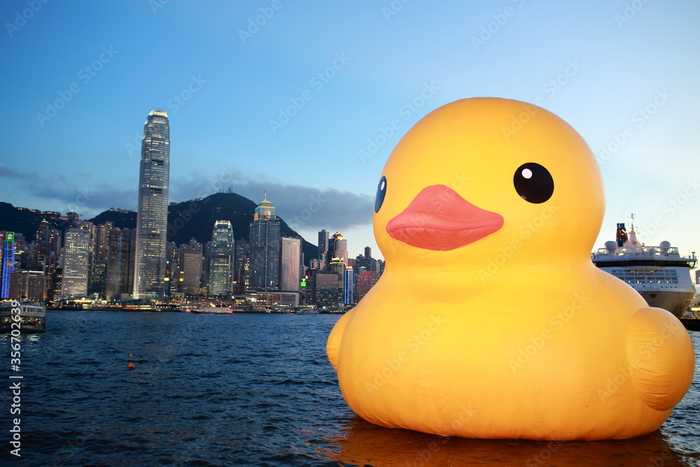 HONG KONG - MAY 21: Duck with skyline in Victoria Harbour on May 21 ...