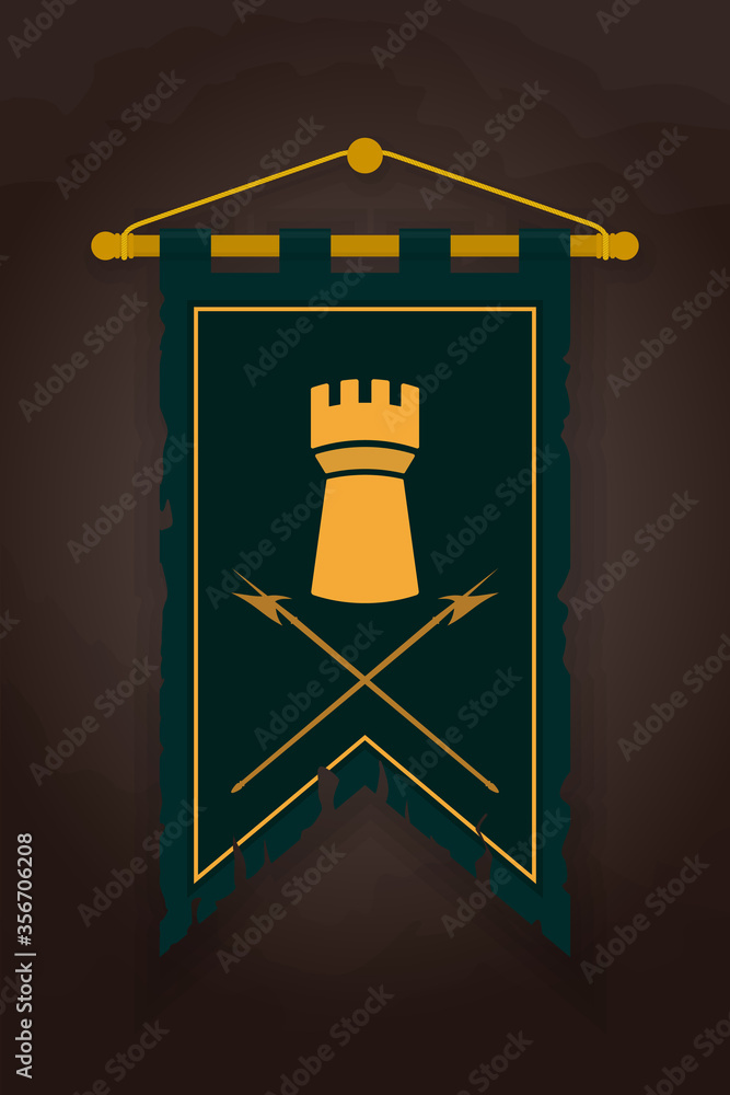 Medieval Pennant. Flag with Tower and Halberds. Torn Old Banner for ...