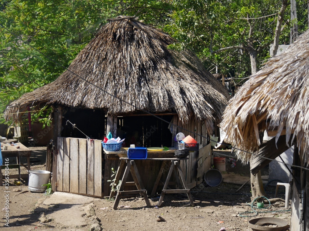Traditional thatch-roofed and wooden house with an outdoor kitchen in a ...