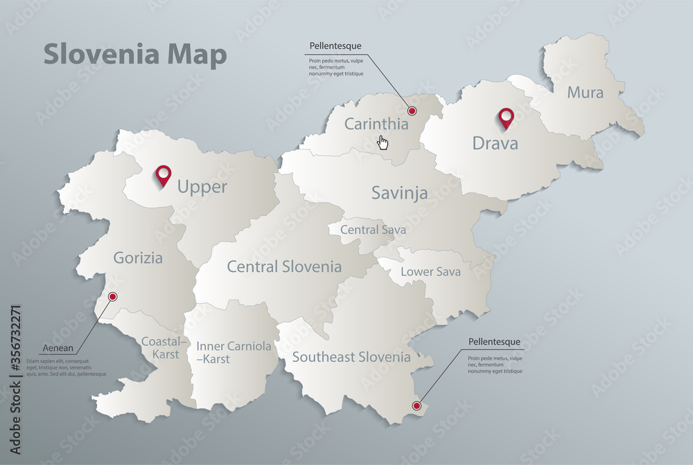 Slovenia map, administrative division with names, blue white card paper ...