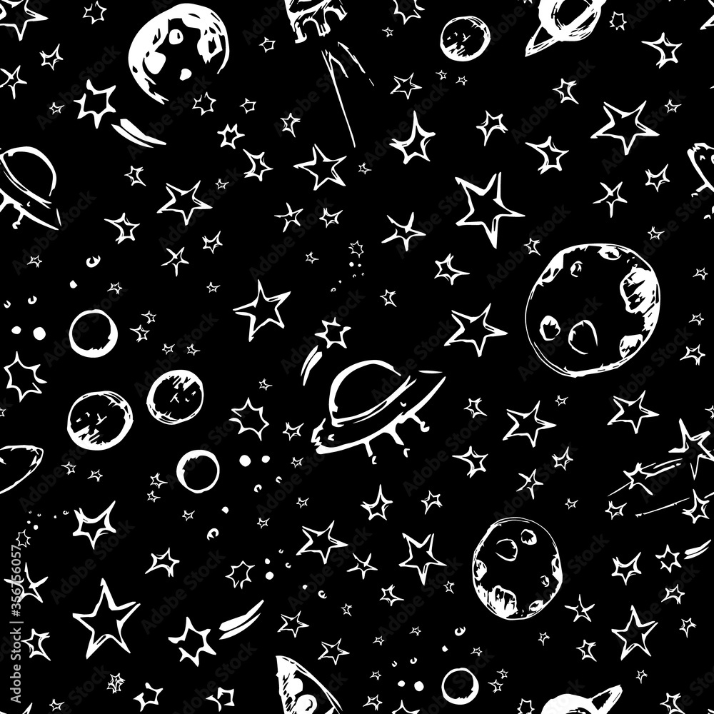 Vector space pattern with planets, stars, rocket, ufo, comets on black ...